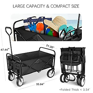 YSSOA Folding Garden Cart PRO, Collapsible Wagon with 360 Degree Swivel Wheels & Adjustable Handle, Black, 220lbs Weight Capacity