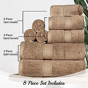 Superior Egyptian Cotton Pile 8 Piece Towel Set, Includes 2 Bath, 2 Hand, 4 Face Towels/Washcloths, Ultra Soft Luxury Towels, Thick Plush Essentials, Guest Bath, Spa, Hotel Bathroom, Latte