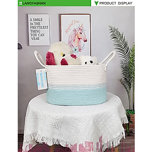 LANGYASHAN Rectangular Woven Rope Basket Decorative Blanket Basket for Living Room Storage or Nursery Laundry Hamper Basket with Handles Laundry Basket(Blue)