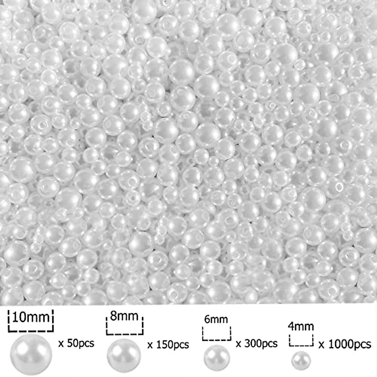 HILELIFE 1500pcs Pearl Beads for Jewelry Making, 4mm 6mm 8mm 10mm Round Loose Pearls Beads with Hole, Bracelet Pearls for Crafts, White Pearls for Jewelry Making