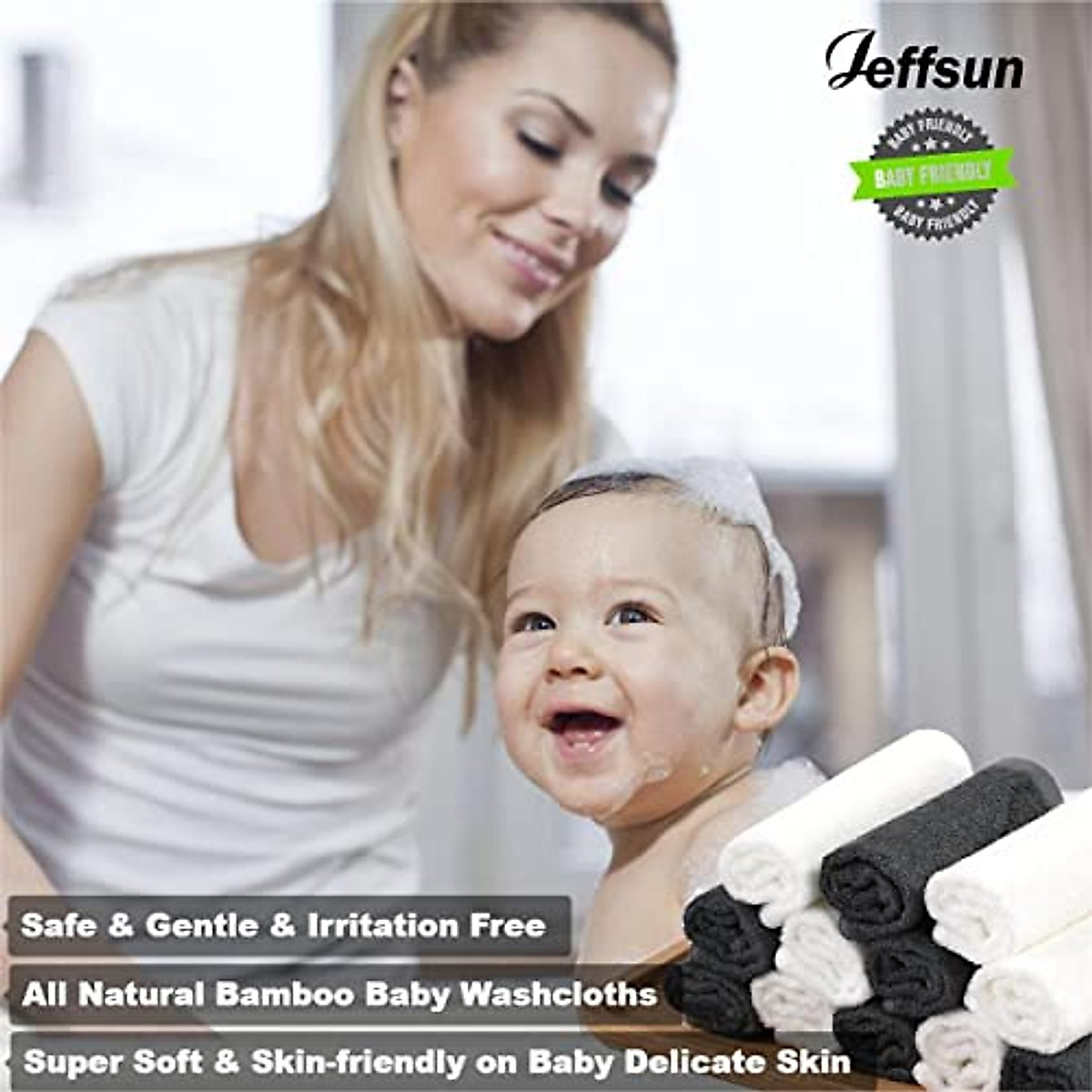 JEFFSUN Natural Bamboo Baby Washcloths, Heavenly Soft Wash Cloths for Washing Face and Body, Super Gentle & Safe Bath Towels, (10 X 10 inch - Pack of 12, White & Gray)