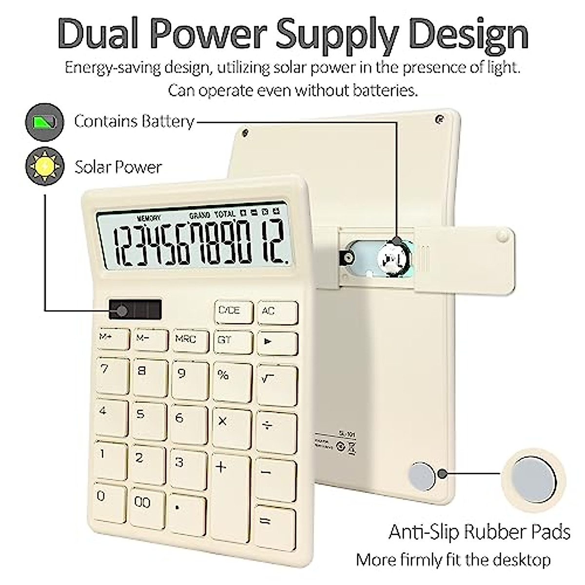 Desktop Calculator 12 Digit,Standard Dual Power Battery and Solar,Desk Calculators with Large LCD Display,Perfect for Home, Office,and School Use,Auto Sleep (Beige)