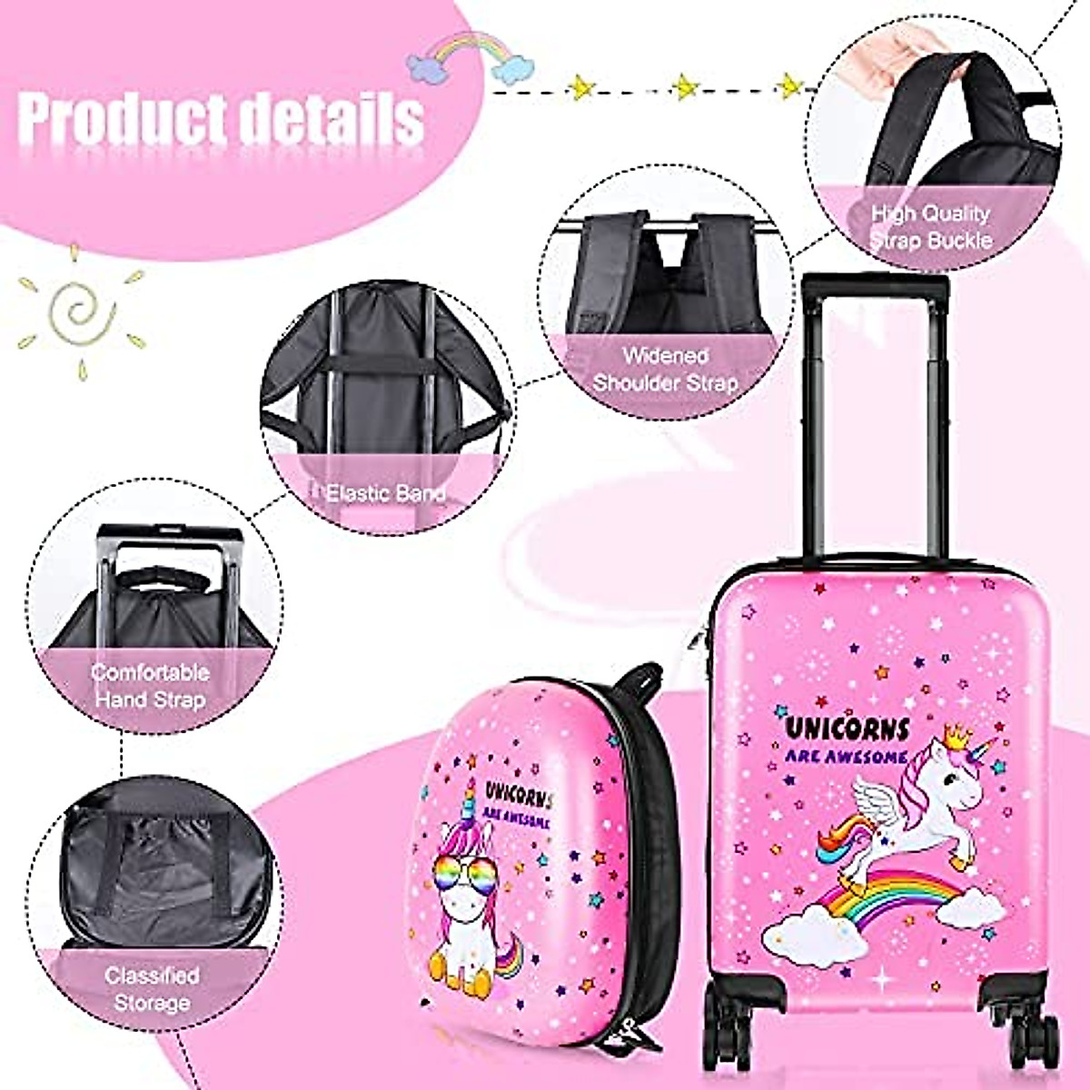 Weewooday Kids Luggage and Backpack 18" Suitcase with Spinner Wheel Hard Case Travel 13" Backpack Girl Suitcase Set for Kids Travel Supplies(Pink,Unicorn Style)