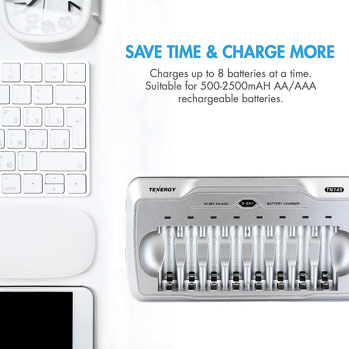 Tenergy TN145 8-Bay AA/AAA NiMH/NiCd Charger + 8xAA & 8xAAA Premium Batteries Combo