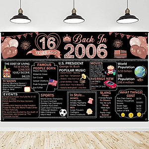 Roetyce Sweet 16th Birthday Decorations for Girls, Vintage Back in 2006 Rose Gold Birthday Backdrop Banner, Extra Large Pink 16 Years Old Birthday Poster Photo Background Party Supplies Outdoor/Indoor