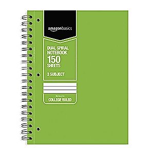 Amazon Basics College Ruled Wirebound 3-Subject 150-Sheet Notebook - Pack of 3, 10.5 x 8 Inch, Grey / Green / Blue