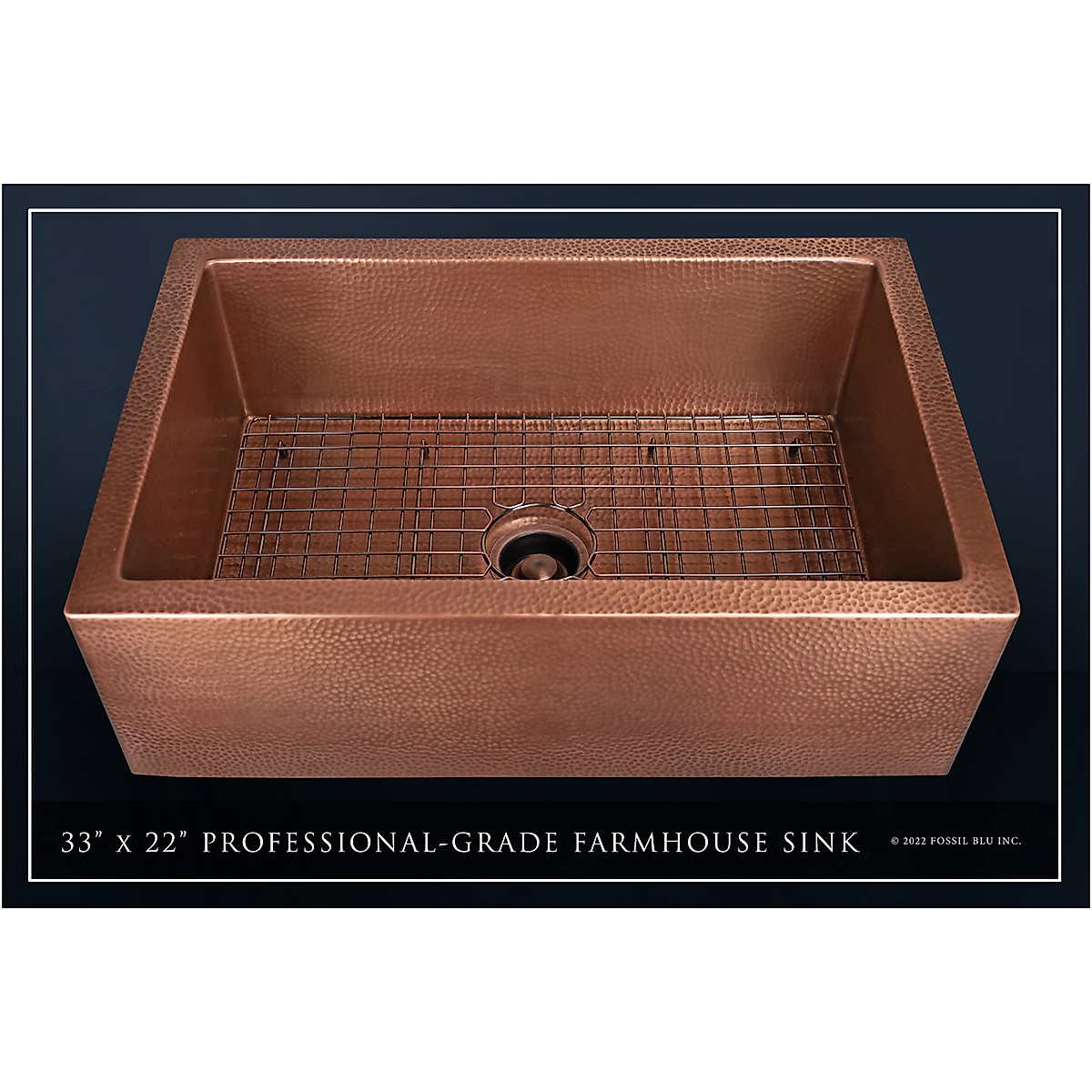 FSW1105 LUXURY 33-INCH HEAVY 12-GAUGE MEDIUM PATINA COPPER FARMHOUSE SINK, INCLUDES ACCS, FLAT FRONT