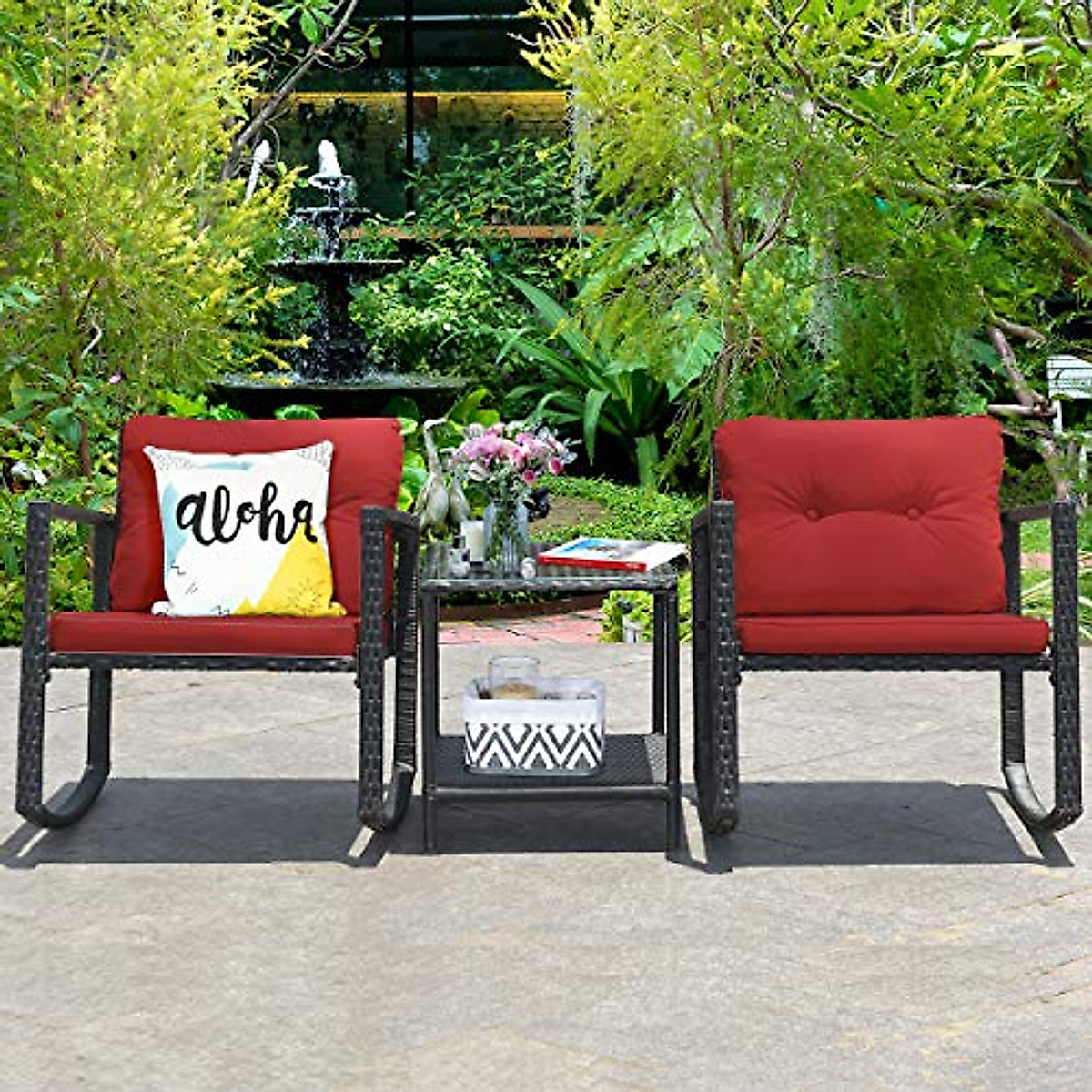 DORTALA 3 Pieces Patio Furniture Set, Rattan Rocking Chair and Glass Coffee Table for Backyard PoolsideOutdoor Wicker Conversation Set w/Cushioned Seat, Set of 3 Patio Bistro Set, Burgundy