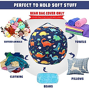 LOLOMLO Stuffed Animal Storage Bean Bag Chair Cover, Hold Kids Plush Toys Blankets Towels Beanbag (Cover Only), Floor Circle Stuff Sit Seat Sofa with YKK Zipper, Large 32", Canvas Dinosaur