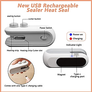 2PCS Mini Bag Sealer with 10PCS Vacuum Sealer Bags, 2024 New USB Rechargeable Bag Sealer Heat Seal,2 in 1 Bag Heat Sealer with Cutter for Chip, Snacks, Plastic Bag Resealer, Keep Food Fresh