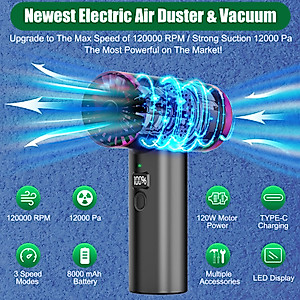 Compressed Air Duster & Vacuum,100000RPM Electric Keyboard Cleaner for Office Computer Replace Canned Air Blower, Cordless Duster Can with 7800mAh Rechargeable