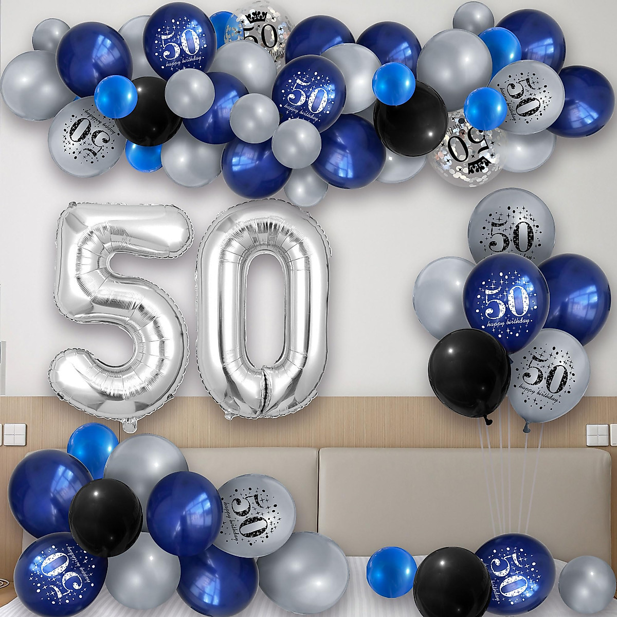 50th Birthday Party Decorations Navy Blue Silver Happy 50th Birthday Yard Banner with 61pcs Latex Balloons Foil Number 50 Balloons Backdrop for Men Women Birthday Anniversary Party Decor Supplies