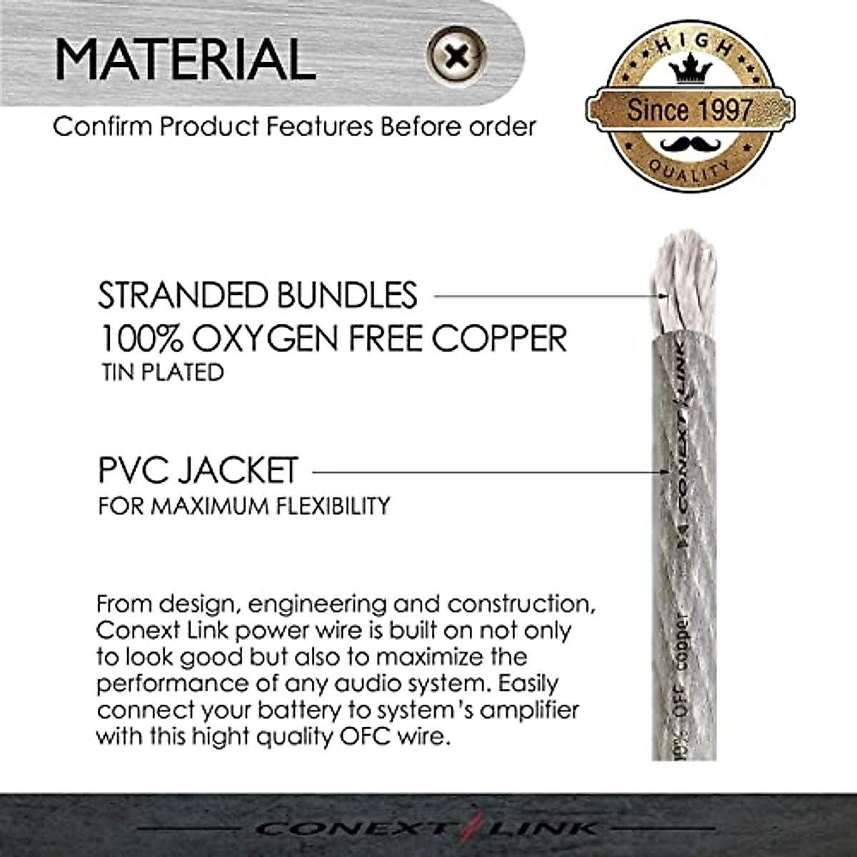 Conext Link 25 FT 4 AWG GA Full Gauge Battery Power Cable Ground Wire Clear Silver OFC Copper