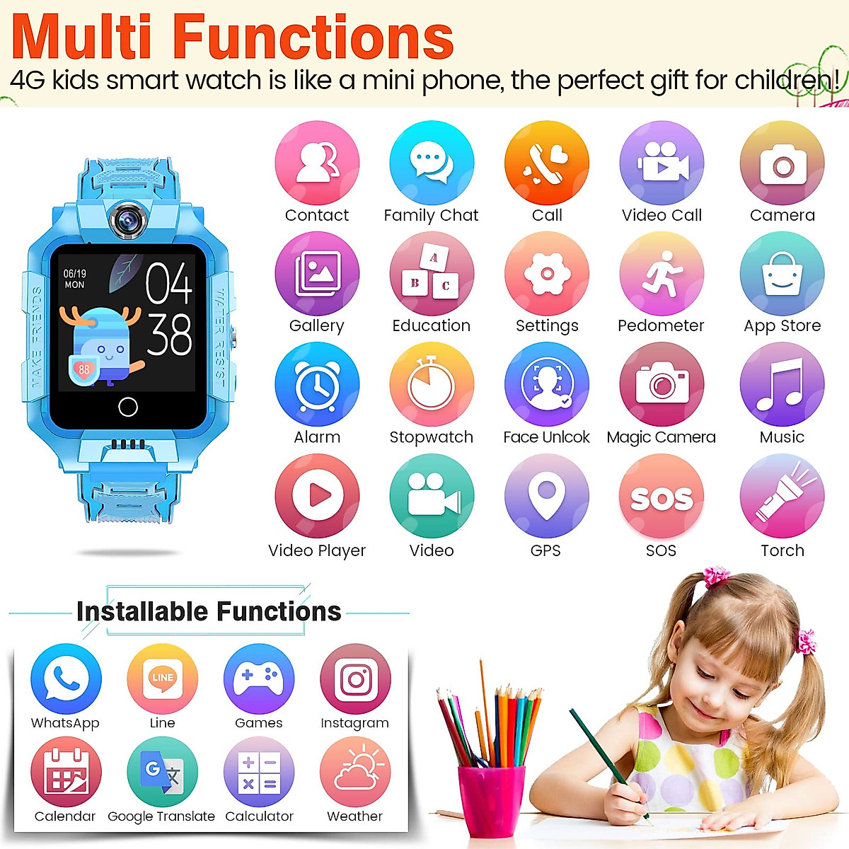 OKYUK 4G Kids Watch Phone T10, Funny 360° Rotation Screen Dual Camera Smart Watch for Boys Girls, IP67 Waterproof, 2-Way Calls, GPS, SOS, Video Calls, Remote Control, Pedometer Smartwatch (Azure)