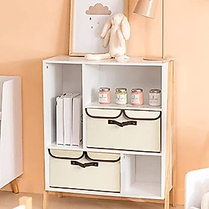 ShellKingdom Large Storage bins, 2 Set Foldable Linen Fabric Storage Cubes Organizer with Lid, Leather Handles, Removable Divider for Home, Closet, Toys, Cloth Storage Boxes - 16.5x11.8x9.8'' (Beige)