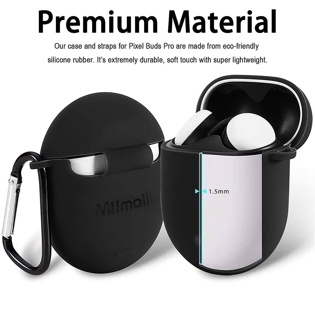 (1+1) Miimall Compatible for Google Pixel Buds Pro Case with Strap, Soft Silicone Keychain Protective Case Cover + Anti-Lost Neck Strap for Pixel Buds Pro 2022 Accessories (Black)