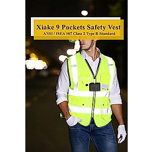 XIAKE 9 Pockets Class 2 High Visibility Reflective Safety Vest Men Women Work Construction Vest Zipper Front Meets ANSI Standards(Yellow,Large)