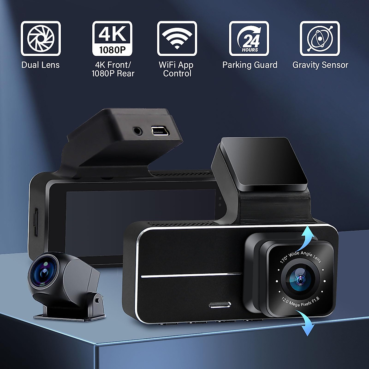 Dash Cam Front and Rear 4K+1080P WiFi Dashcams,WiFi GPS Dash Camera for Cars,170° Wide Angle,G-Sensor,Night Vision,24 Hours Parking Mode,Loop Recording,Support 256GB Max