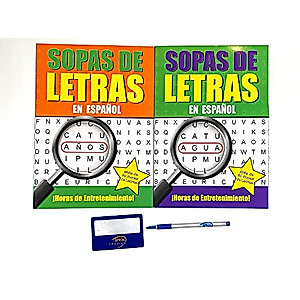 Vision St. Publishing 2 Pack Sopas De Letras Jumbo Spanish Word Search Book, Magnifying Glass, Pen for Easy Reading