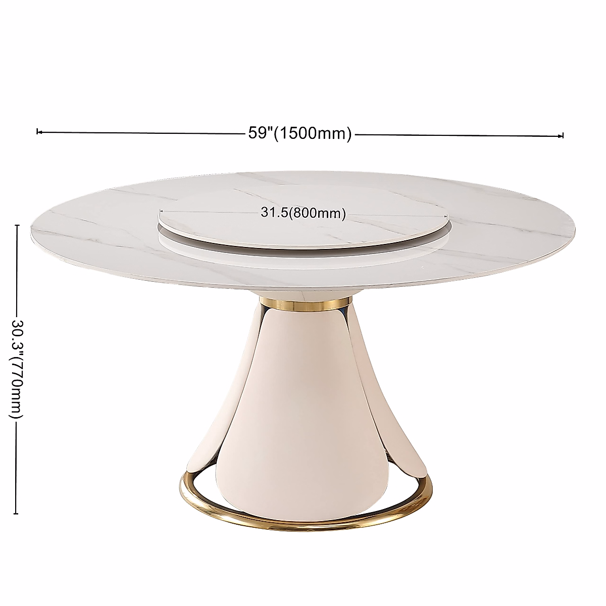 Voohek, Beige 59" Modern Sintered Stone Dining Table with Round-Shaped Metal Exquisite Pedestal Base and 31.5" Turntable, for Home, Kitchen, Living Room