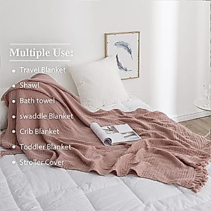 Simple&Opulence Cotton Muslin Throw Blanket for Bed, Couch, Knit Woven Gauze Blanket with Tassels, Soft Lightweight Cozy Pre-Washed Breathable Farmhouse Decoration for All-Season (Dusty Rose)