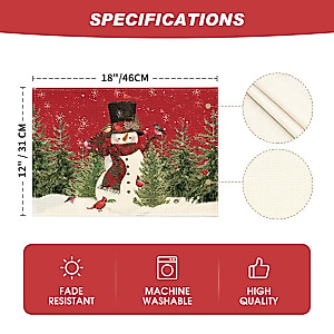 Artoid Mode Snowman Cardinals Trees Christmas Placemats for Dining Table, 12 x 18 Inch Seasonal Winter Birds Xmas Holiday Rustic Vintage Thanksgiving Washable Table Mats Set of 4
