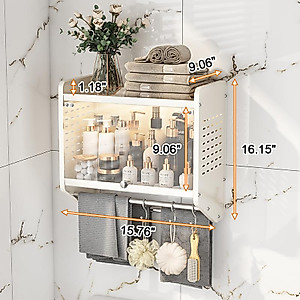 Bathroom cabinet storage box, wall mounted bathroom cabinet with 2 towel bars and detachable shelves, suitable for bathroom living room, laundry room, bedroom with 3 hooks (white, 15.8-inch large)