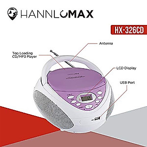 HANNLOMAX HX-326CD Portable CD/MP3 Boombox, AM/FM Radio, USB Port for MP3 Playback, Aux-in, LCD Display, AC/DC Dual Power Source. (White)