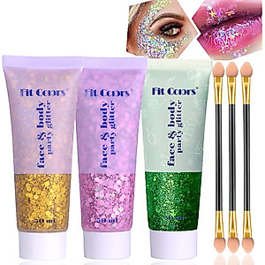 Face Glitter Gel, 3 Jars Holographic Chunky Glitter Makeup for Body, Hair, Face, Nail, Eyeshadow, Long Lasting and Waterproof Mermaid Sequins Shimmer Liquid Glitter 50ml/Jar (Set B)