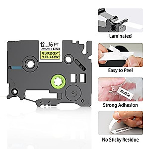 6 Pack Compatible with P-Touch Label Tape 12mm 0.47 inch Laminated Tze Tape Black on White/Fluorescent Yellow/Red/Blue/Yellow/Green Replacement for Brother P Touch Label Maker PT-H110 D600 D210