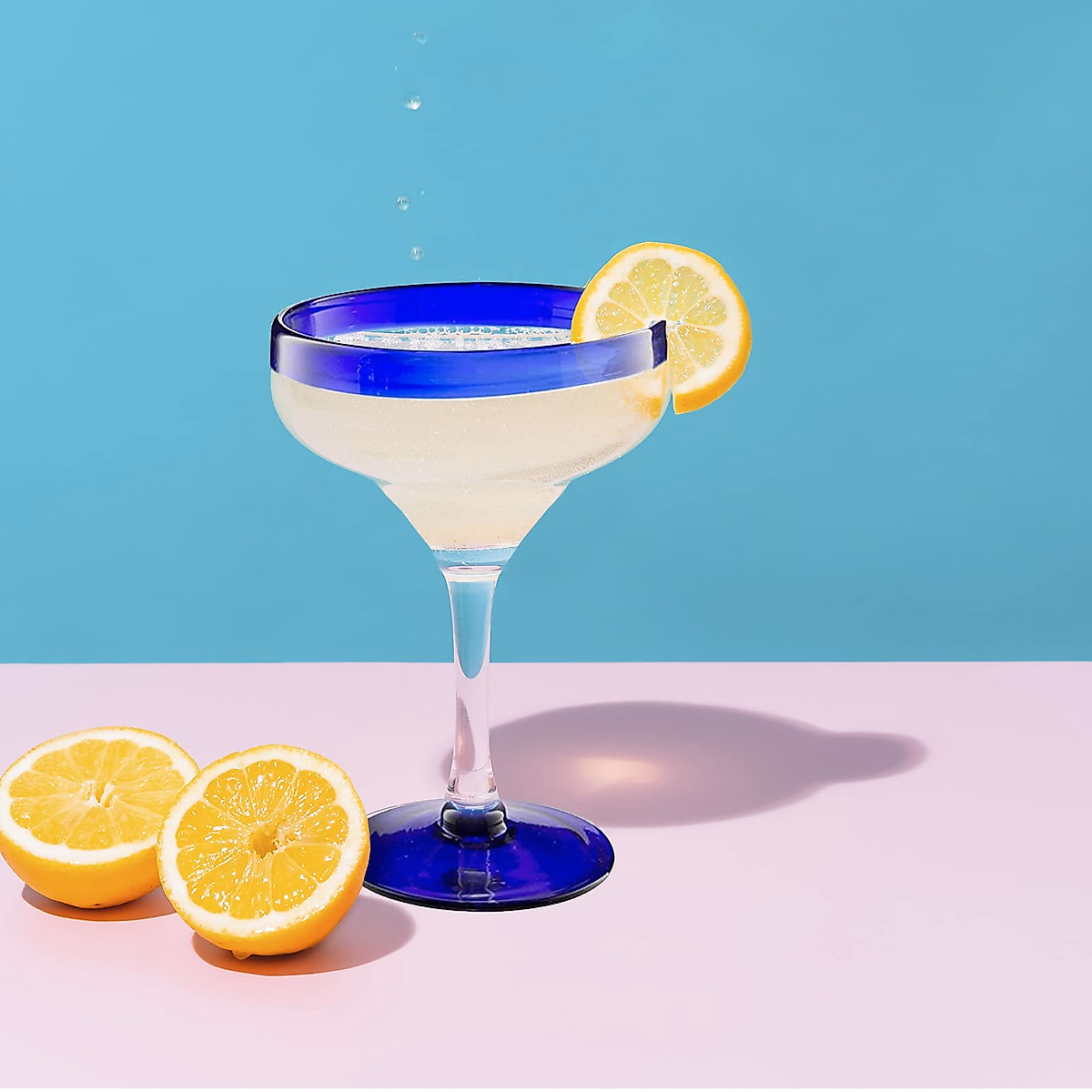 Mexican Hand Blown Glass – Set of 4 Large 16oz, Cobalt Blue Rim Line, Luxury Margarita & Cocktail Glasses, Mexico Design Large 16oz Cobalt Cinco de Mayo - The Wine Savant, Dishwasher Safe Glassware