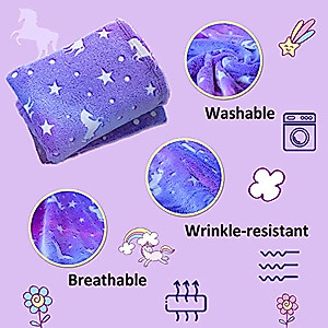 Unicorn Throw Blanket Glow in The Dark Soft Throw Blanket for Girls Boys with Storage Bag, Gifts for Christmas Halloween Birthday Valentines, Kids Blanket, Day Care Home Travel Use, 50"x60" Purple