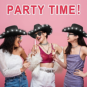 Zhanmai 6 Pieces Cowgirl Light up Hat with Feather Boa, 6 Pieces Heart Sunglasses Set for Girls Bachelorette Costume Party(Black)