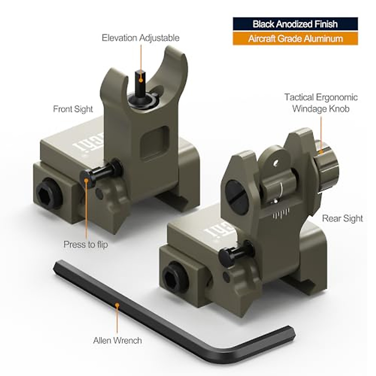 Feyachi Flip Up Rear Front and Iron Sights Best Backup fits Picatinny & Weaver Rails (Sand)
