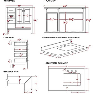 ARIEL 37" White Bathroom Vanity with 1.5" Edge Pure White Quartz Countertop & Backsplash, Right Rectangular Sink, 2 Soft Closing Doors, 5 Full Extension Dovetail Drawers, Brushed Nickel