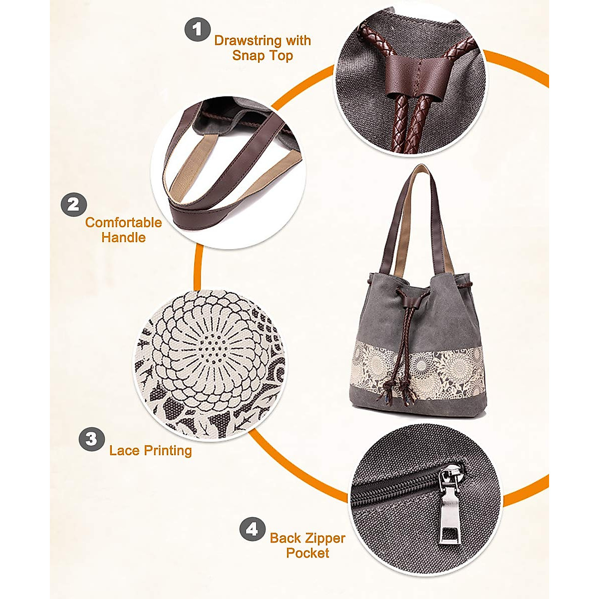 Women Printing Canvas Shoulder Bag Casual Hand Bags Purse Retro Tote Bags (Black) Medium