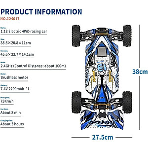 WLtoys 124016(V2) RC Car,Upgraded 3000mah Battery * 3, 75km/h Brushless Remote Control Car, 1:12 Scale Fast RC Cars & 2 Batteries, 4WD All Terrain Off Road RC Truck (WLtoys124017)