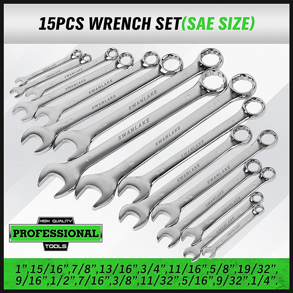 SWANLAKE 32-Piece Combination Wrench Set, SAE and Metric, 1/4"-1" & 7mm-22mm, 12 Point, Chrome Vanadium Steel