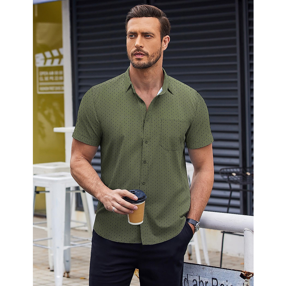 COOFANDY Mens Polka Dot Printed Shirt Short Sleeve Buton Down Casual Summer Party Dress Shirt Army Green