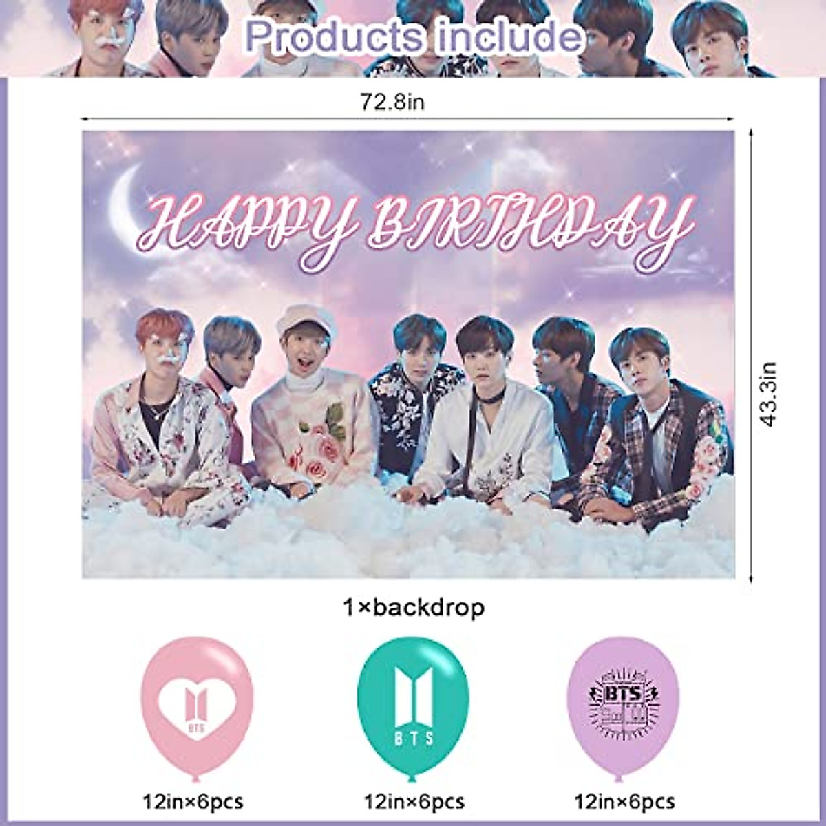 BTS Bangtan Boys Happy Birthday Backdrop Cartoon BTS Banner Poster for Bangtan Boys Fans Girls BTS Theme Party Decorations Kpop Bangtan Boys Birthday Supplies Background Studio Shoot Photo Props Booth