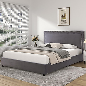 VECELO Queen Size Upholstered Platform Bed Frame with 4 Storage Drawers, Adjustable Velvet Rivets Headboard, Wooden Slats Support, No Box Spring Needed, Easy Assembly