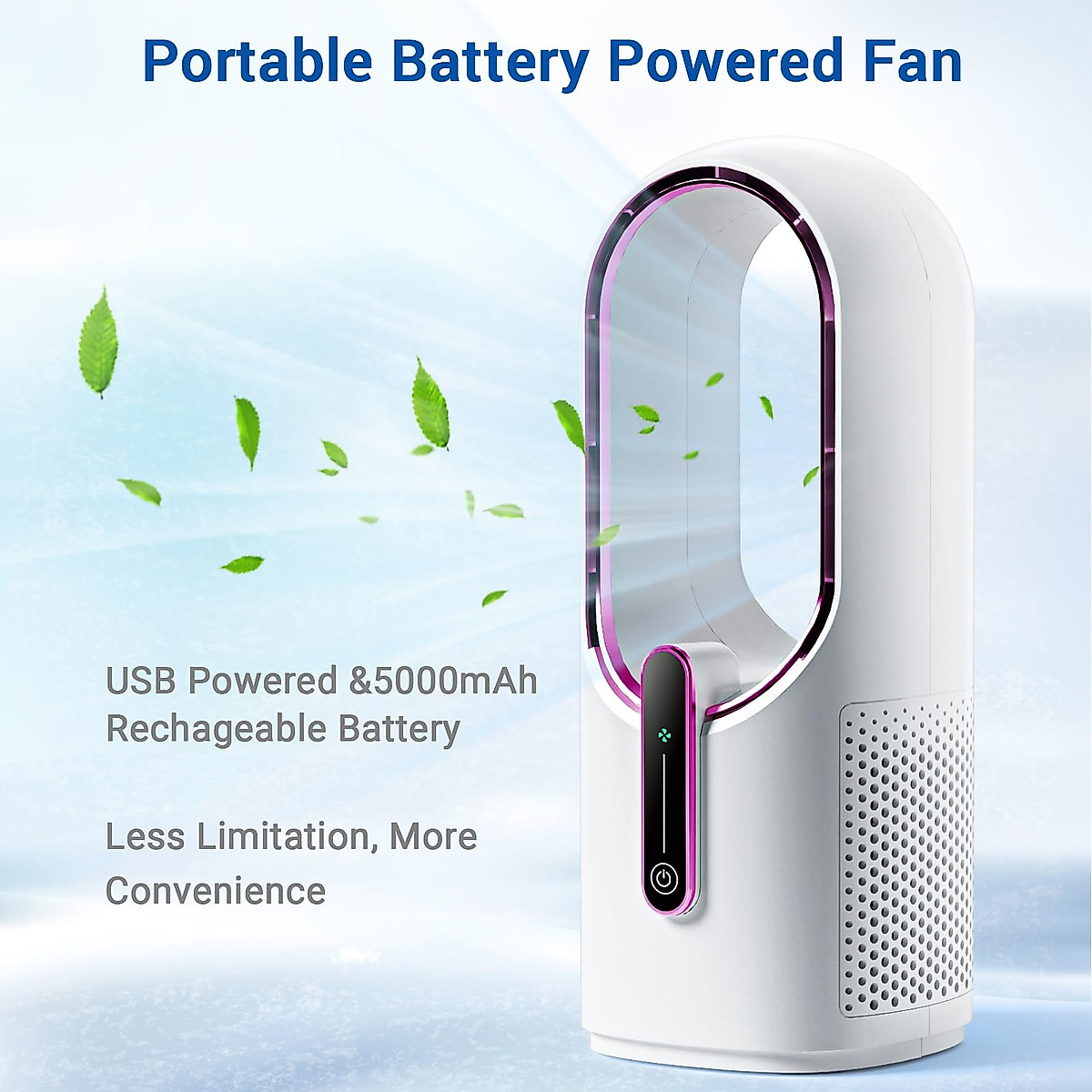 KONSIDEN Bladeless Desk Fan, 11.8 Inch Small Rechargeable Fan, Quiet Office Fan, 3 Speeds, Touch Control, Easy to Clean, Desk Fan Small Quiet, Ideal for Home, Office, Travel