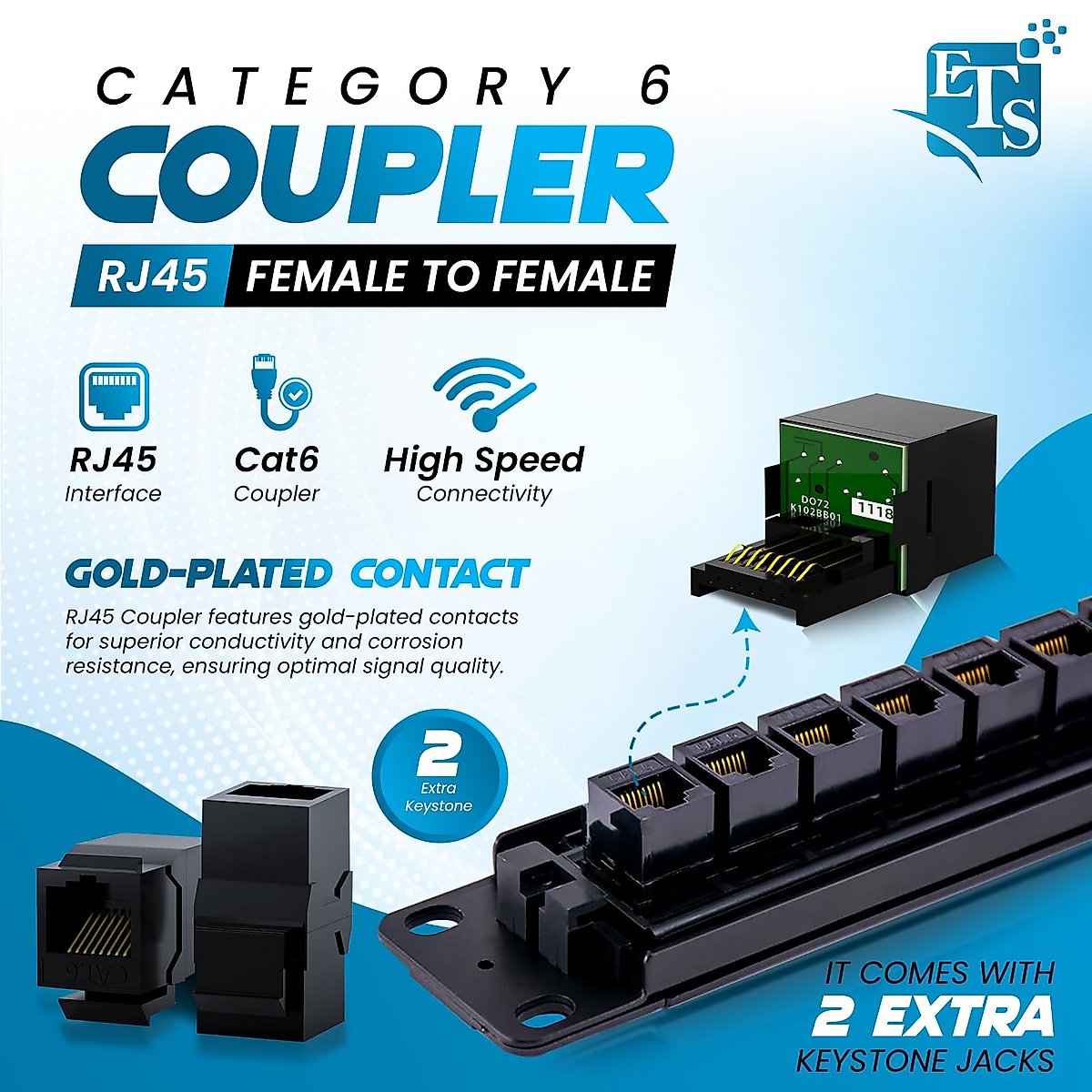 ETS 24 Port CAT6 Pass Through Coupler Patch Panel with Back Bar, Compatible with Cat5, Cat5e, Cat6, Cat6A, Loaded with Unshielded keystones