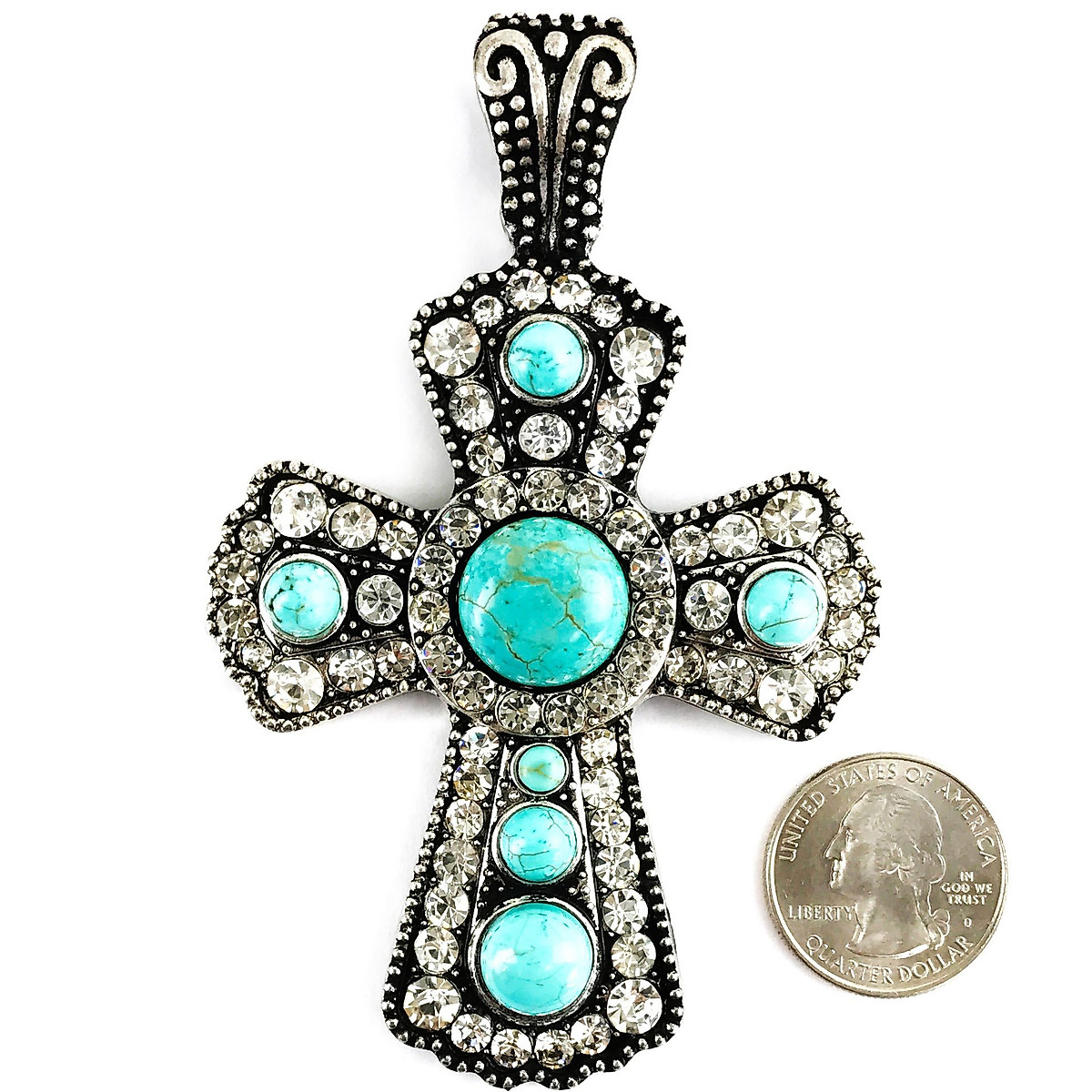 Western Collection Rhinestone Turquoise Duo Color Cross Rope Magnetic Closure Pendant (5)