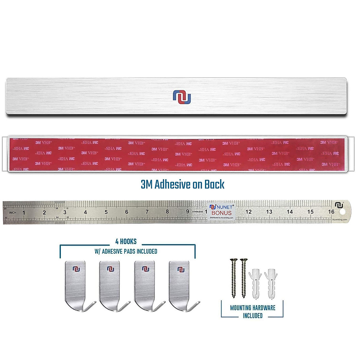 NUNET 16 Inch Stainless Steel Magnetic Knife Bar including 4 Hanger Hooks, Strong Magnet as Knife Rack/Strip, Kitchen Utensil Hanger, Garage Tool Holder & Home Organizer