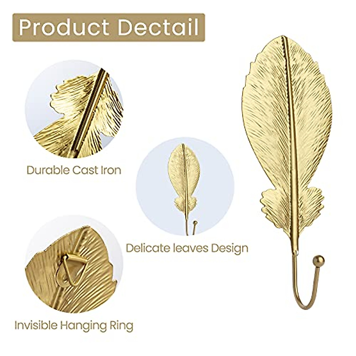 ORYOUGO Set of 8 Decorative Leaves Iron Hooks Plant Modern Key Holder Wall Mounted Single Prong Coat Hanger for Hallways, Living Room, Green+Gold