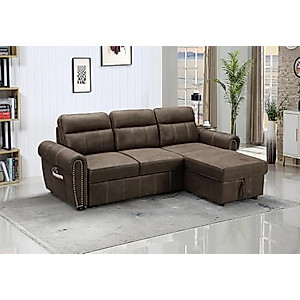 Lilola Home Hugo 96" W Brown Reversible Sleeper Sectional Sofa Chaise with USB Charger