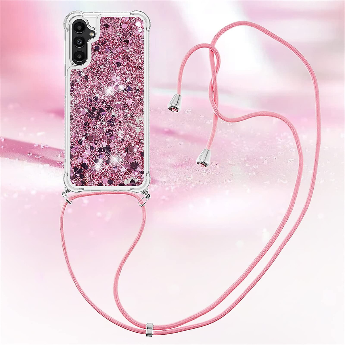 Ephoou Glitter Case for Samsung Galaxy A14 with Adjustable Lanyard Neck Strap, Sparkle Transparent Quicksand Waterfall Soft TPU Liquid Cover for Samsung Galaxy A14 4G/ 5G LSGS-Rose Gold