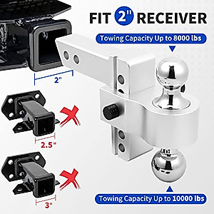 Boiarc Adjustable Trailer Hitch, 6" Drop/Rise Drop Hitch Ball Mount for 2-Inch Receiver, 2" and 2-5/16" Stainless Steel Dual Balls 12,500 LBS GTW, Aluminum Tow Hitch with Double Anti-Theft Pins Locks