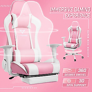 VITESSE Pink Gaming Chair with Footrest Cute Kawaii Gaming Chair for Girl Gamer Chair Ergonomic Office Desk Chair Racing Chair Adjustable High Back Chair with Lumbar Support and Headrest,Pink/White